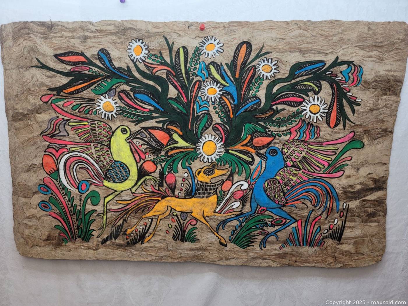 vintage Mexican folk art piece, specifically an amate bark painting ...