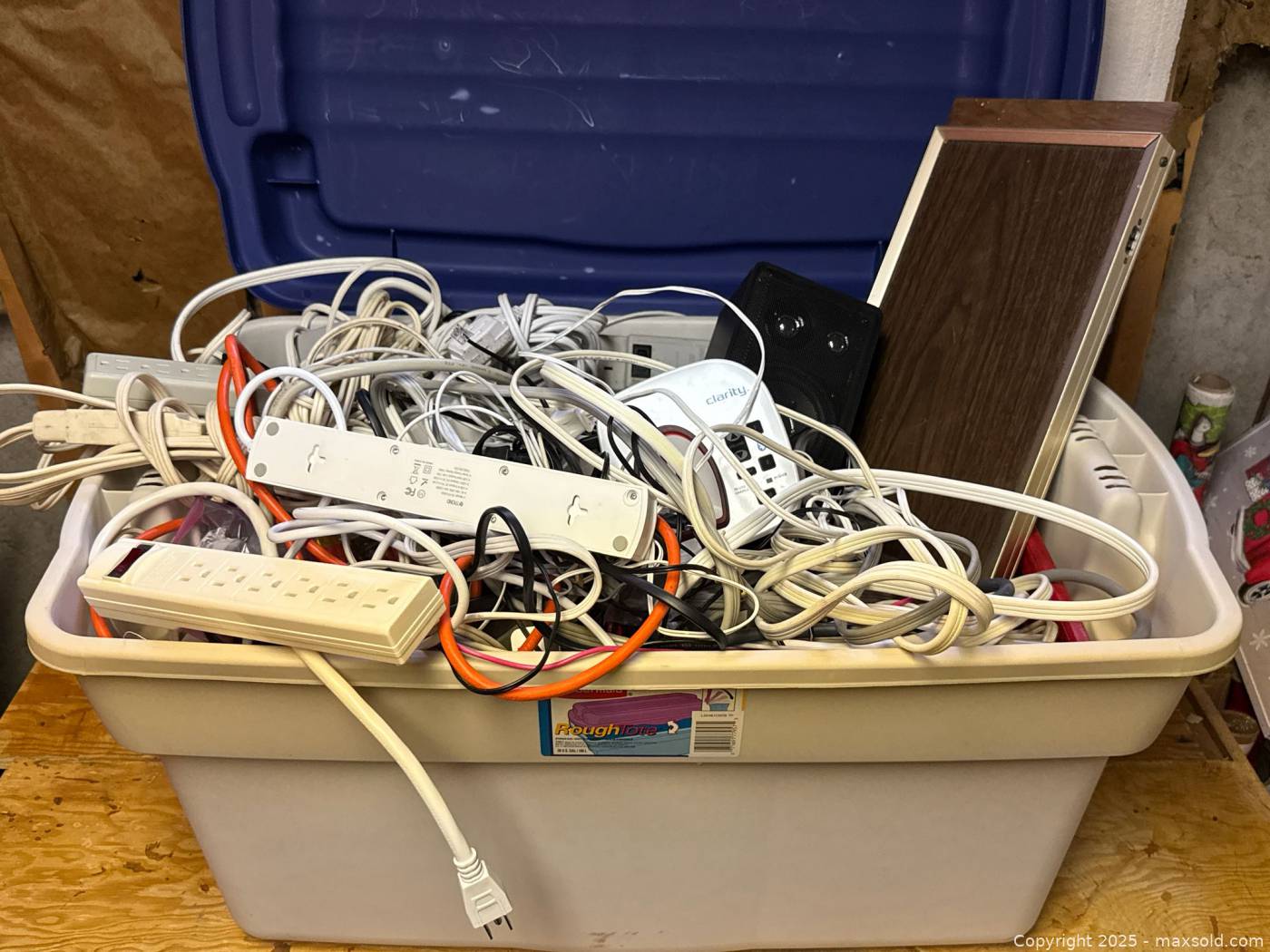 Large Bin of Miscellaneous Electronics, Extension Cords, Power Bars ...