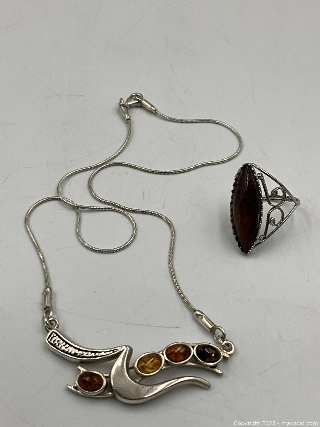 Silver and Amber Ring size: 5.25 and Sterling Necklace with Amber ...