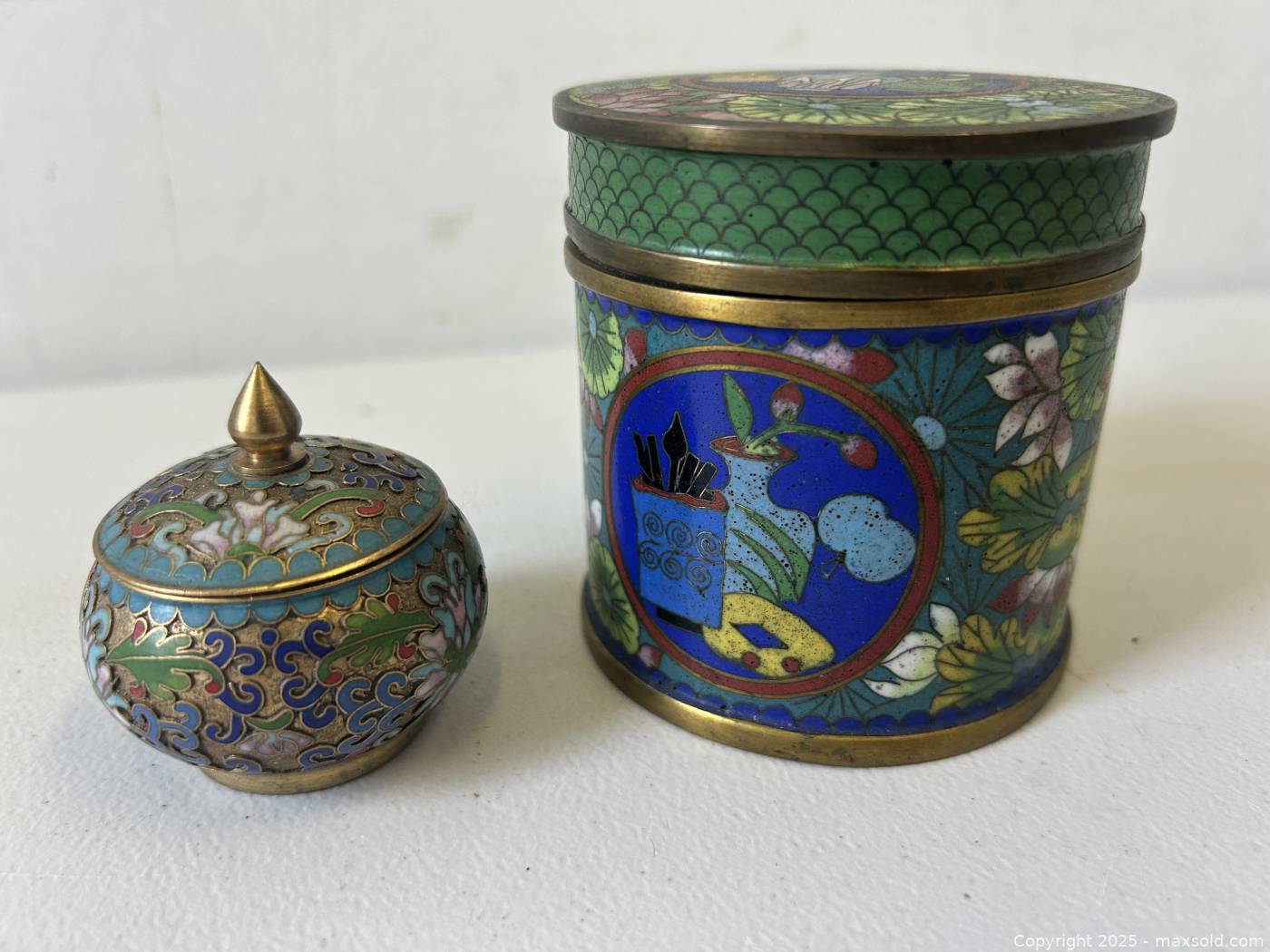 Pair Old Cloisonne Enameled On Brass Circular Lidded Boxes | Toronto ...