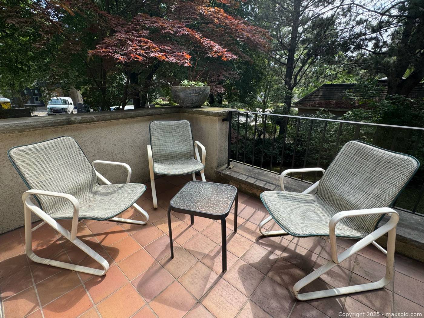 Set of Three MCM Patio Sling Chairs with White Metal Frames + Woven ...