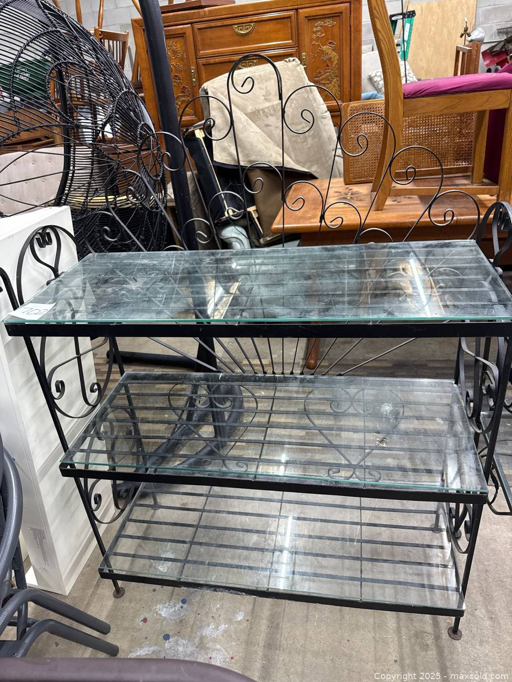 Glass and Wrought Iron 3-Shelf Unit with Scrollwork, 51"x35"x15 ...