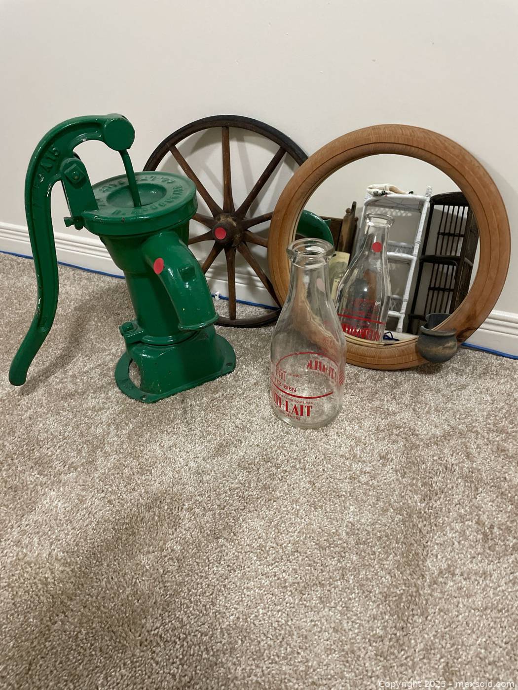 Antique Green Hand Water Pump, Wagon Wheel and Milk Bottle, Mirror ...