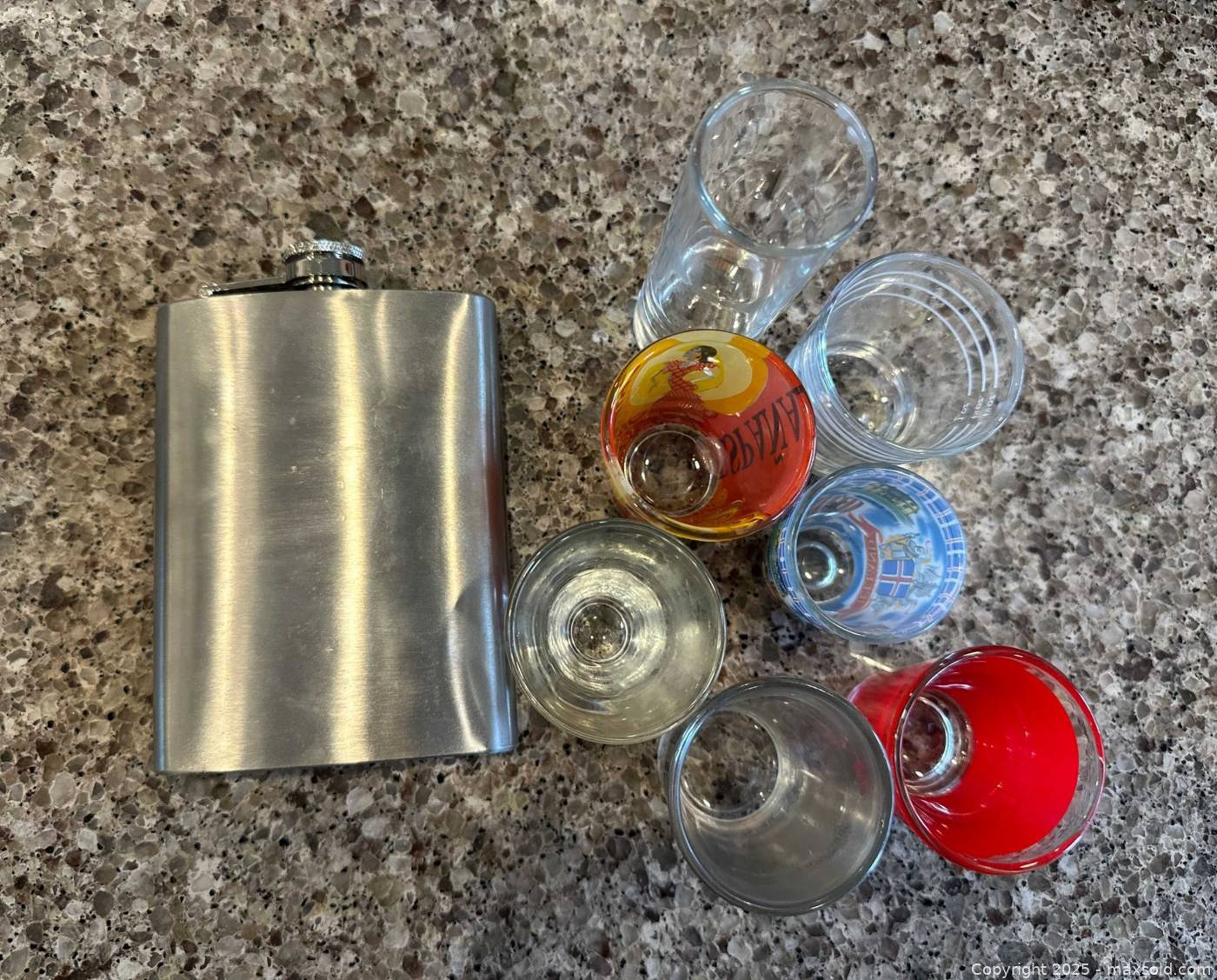 Stainless Steel Hip Flask and 7 Mixed Shot Glasses | Ottawa (Ontario ...