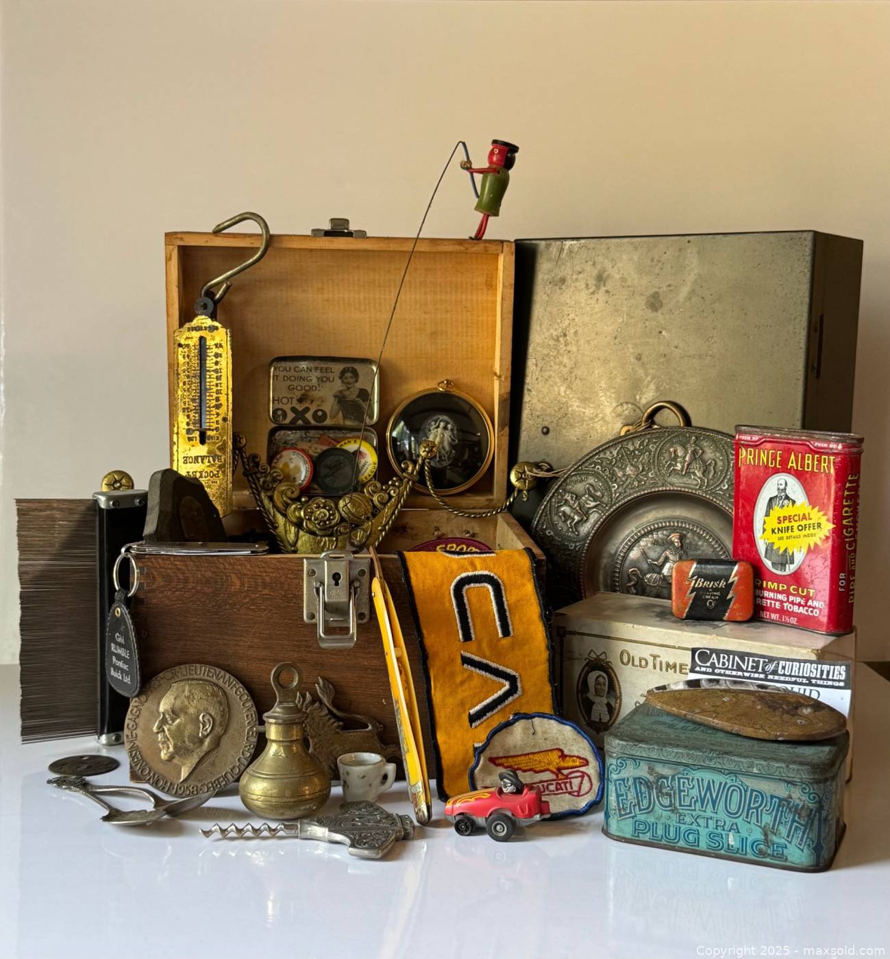 Eclectic Lot of Antique & Vintage Curiosities – Tins, Tools, Badges ...
