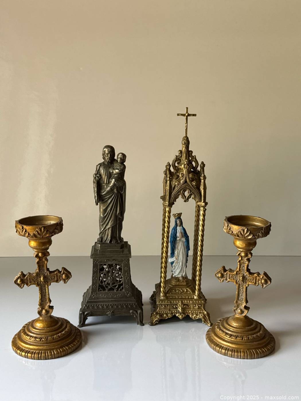 Four Religious Altar Pieces - Two Gilt Cross Candle Holders & Two Cast ...