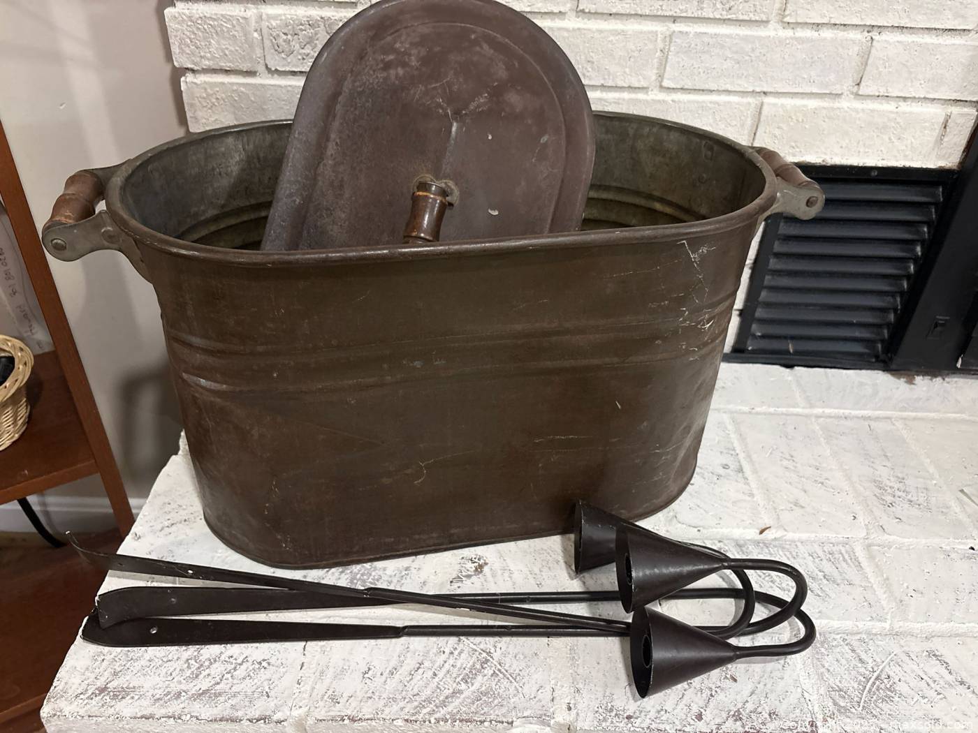 Antique Copper Wash Tub Set with Fireplace Tools | Sumerduck (Virginia ...