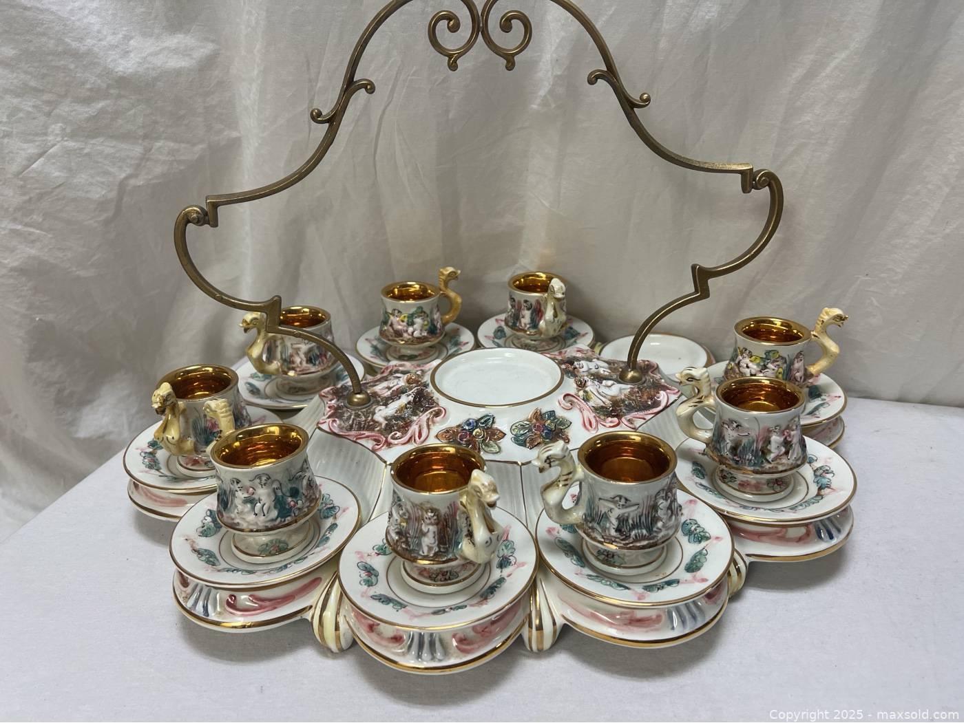 Rare R. Capodimonte Italian Espresso Set with Cherubs & Ornate Stand ...