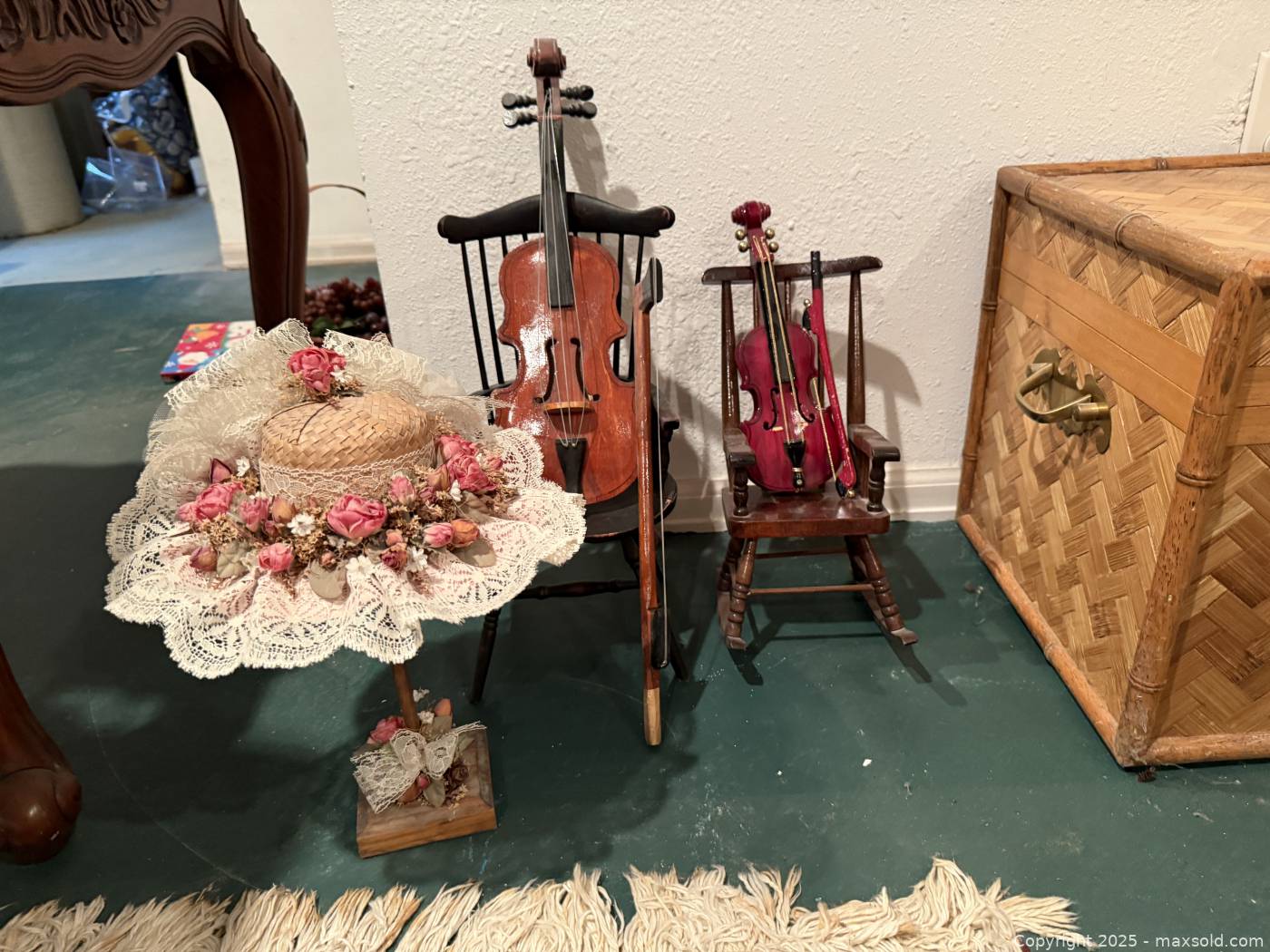 Miniature Doll Scale Rocking Chairs, Violin, Cello, Bows, Straw Hat ...