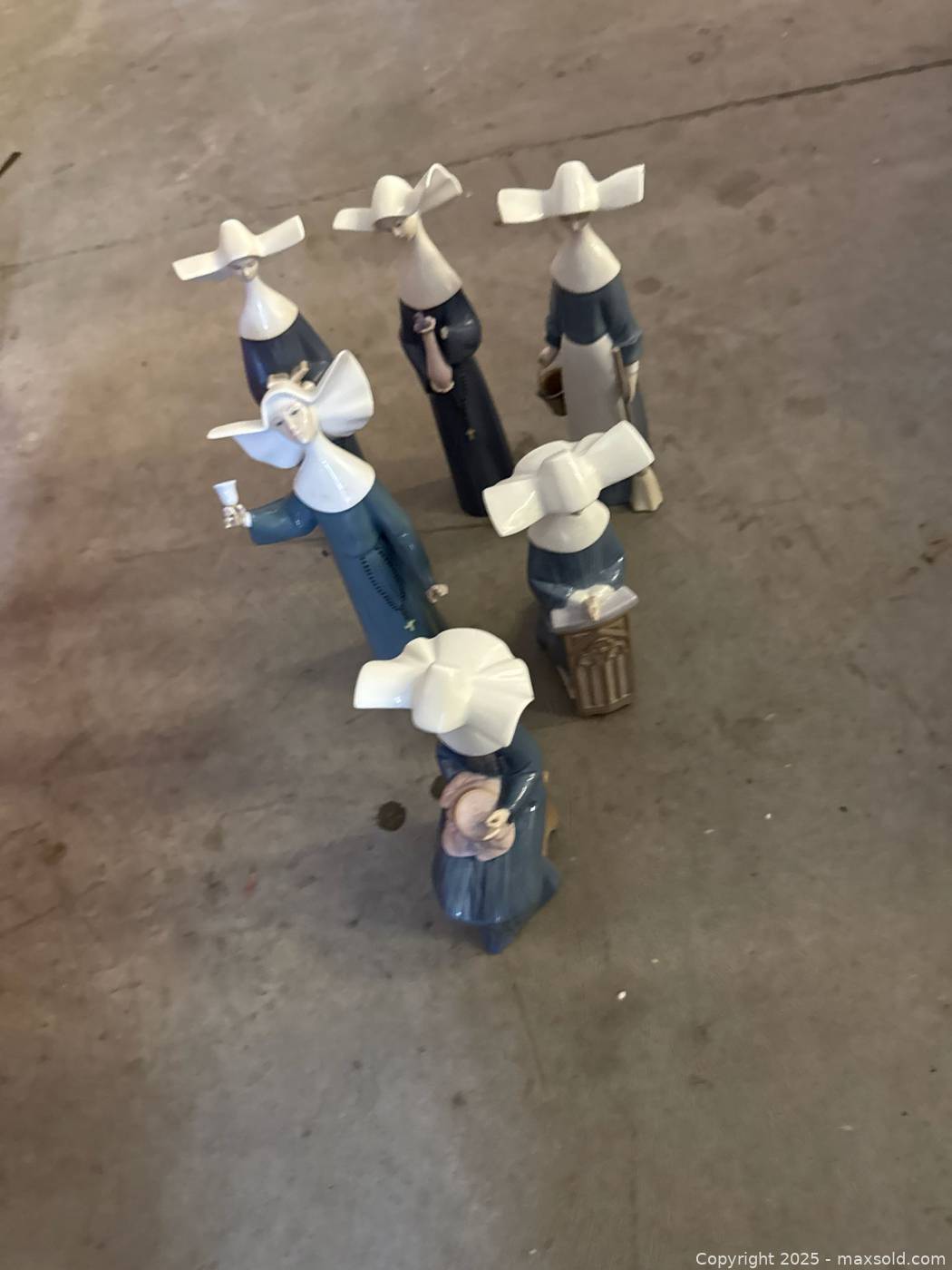 Set of 6 Ceramic Nun Figurines with Cornette Headpieces, Blue & White ...
