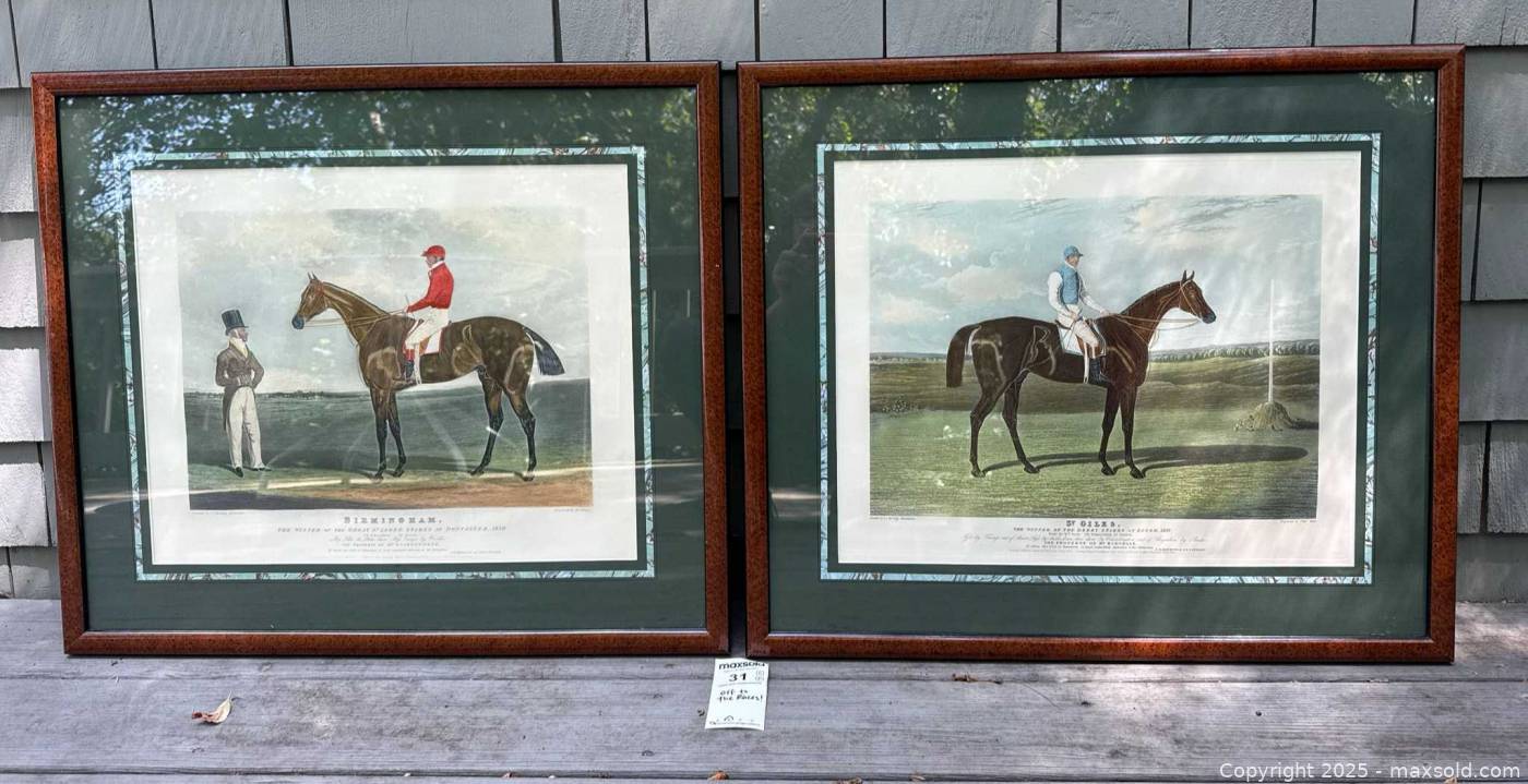 Pair of Equestrian Racehorse Portraits in Brown Wooden Frames ...