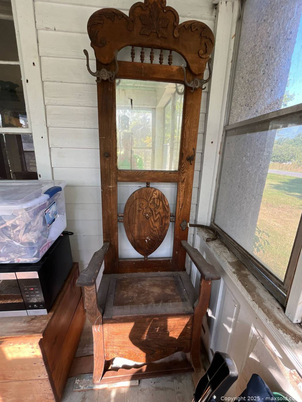 Arts & Crafts Oak Hall Tree with Mirror, Hooks and Seat | Niagara Falls ...