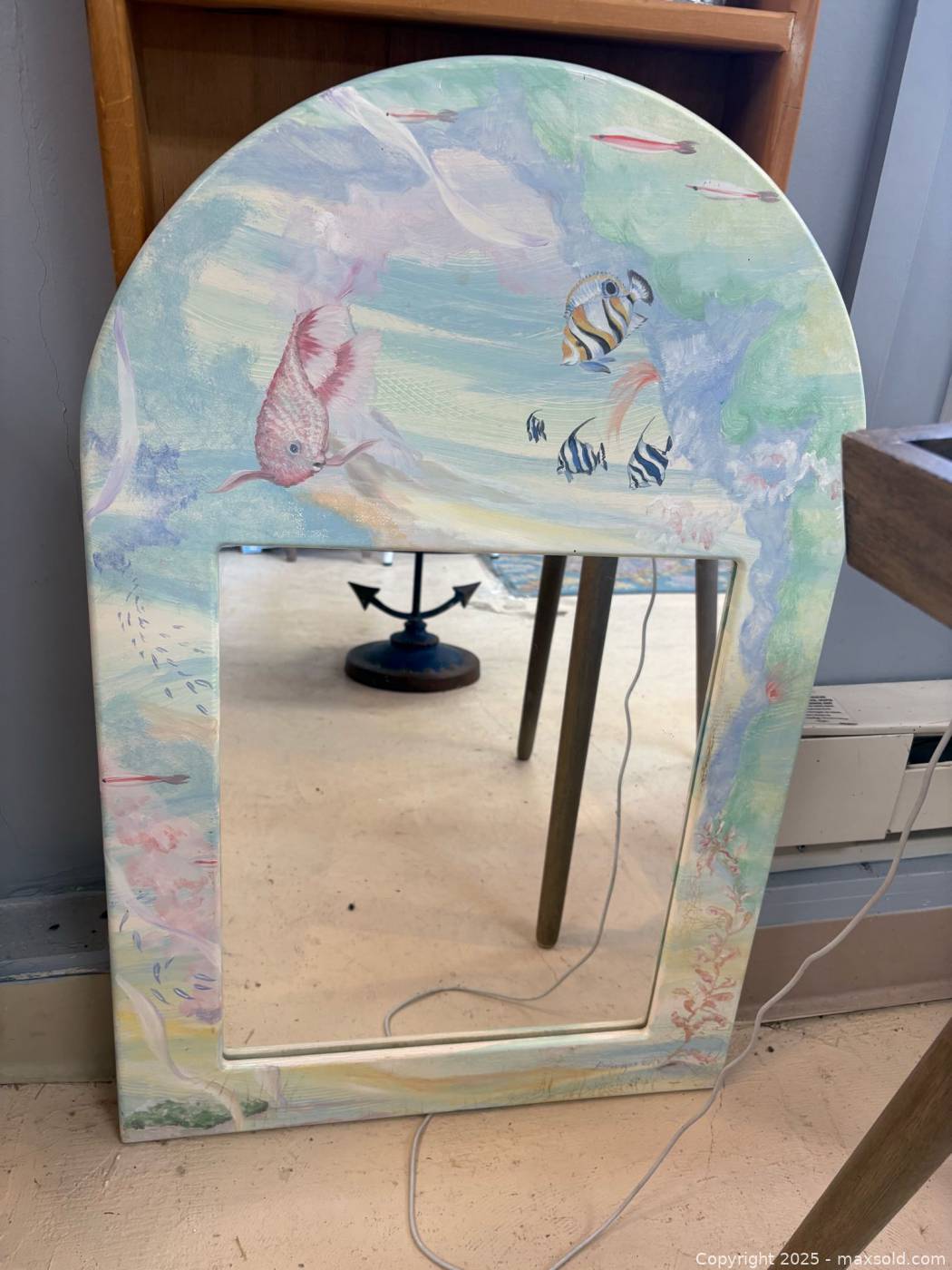 Charming, arch topped hand-painted mirror of underwater ocean scene ...