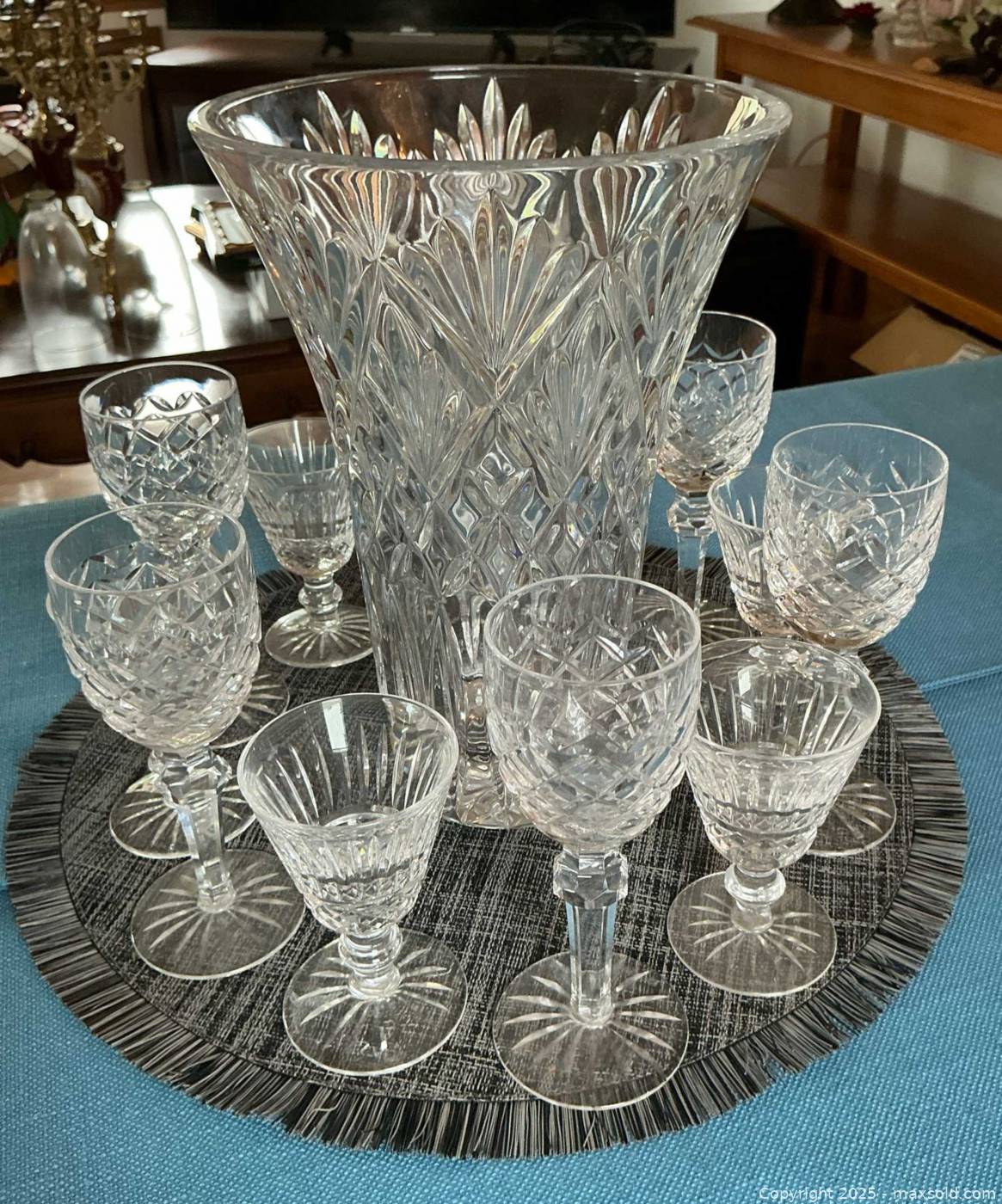 Waterford Lead Crystal Vase (10") + 10 Cut-Crystal Cordial Glasses B ...