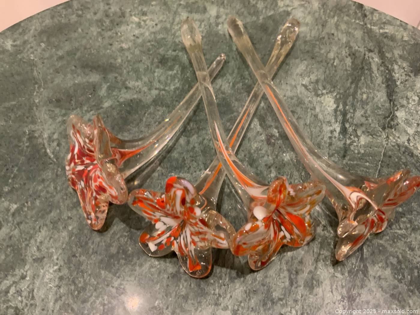 Set of four Italian handblown glass flower stems in orange and white ...