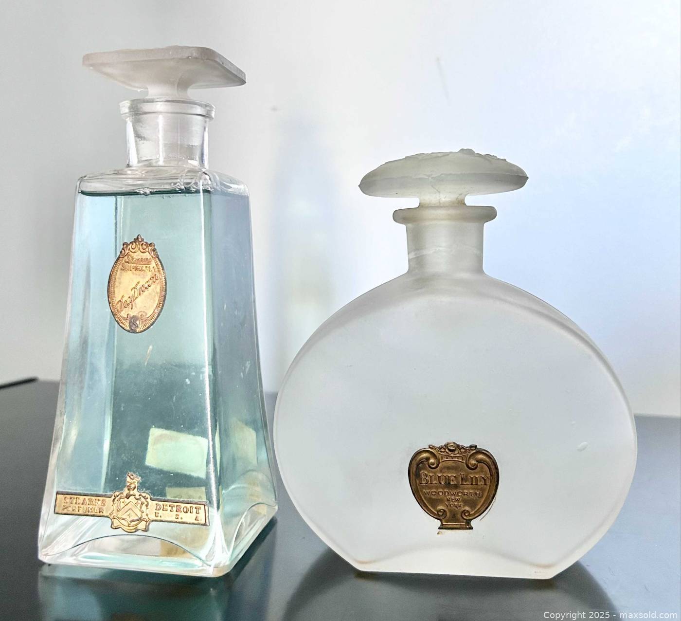 C.1930 Pair Art Deco Frosted Glass Perfume Bottles Stearns USA Daydream ...