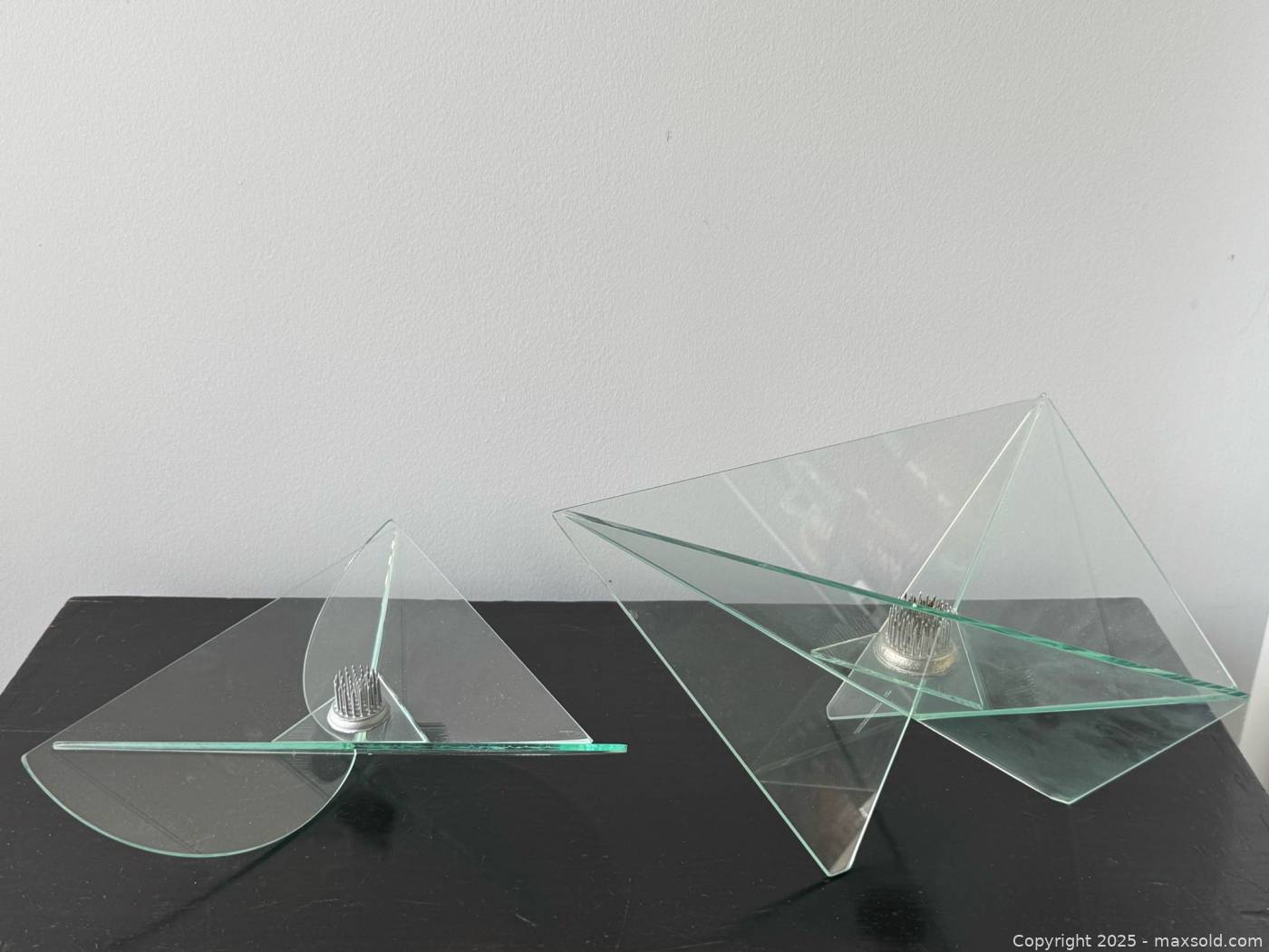 Pair of Post Modern Sculptural Glass Vase Bowls with Metal Flower Pin ...