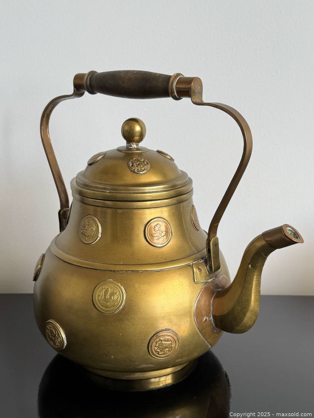 Vintage Chinese Brass Teapot With Medallions and Wooden Handle ...