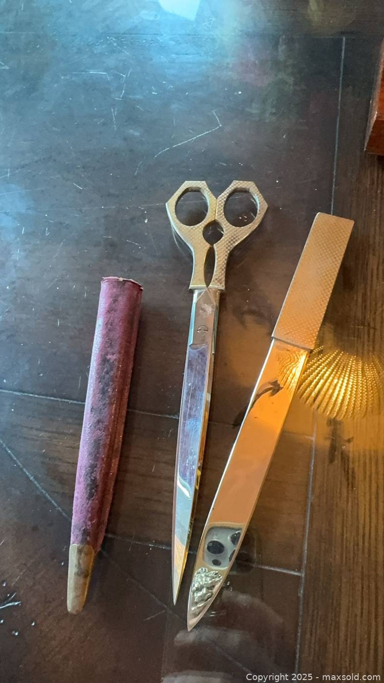 Letter Opener w/ Velvet Scabbard, Brass/Wood/Steel, 9in, scissors 9 ...