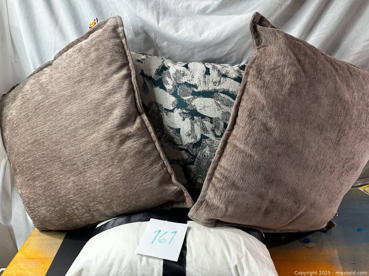 Assorted Pillows: Taupe & Patterned Squares, White Bed Pillow | Vaughan ...