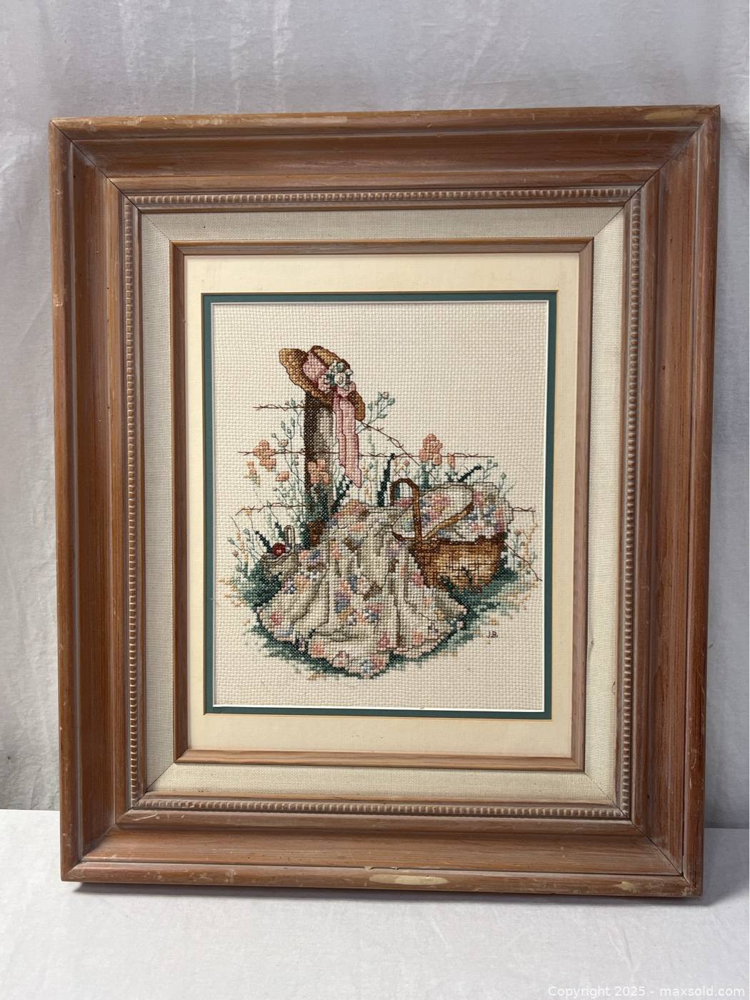 Framed Vintage Needlepoint Artwork – Woman with Flowers Scene ...