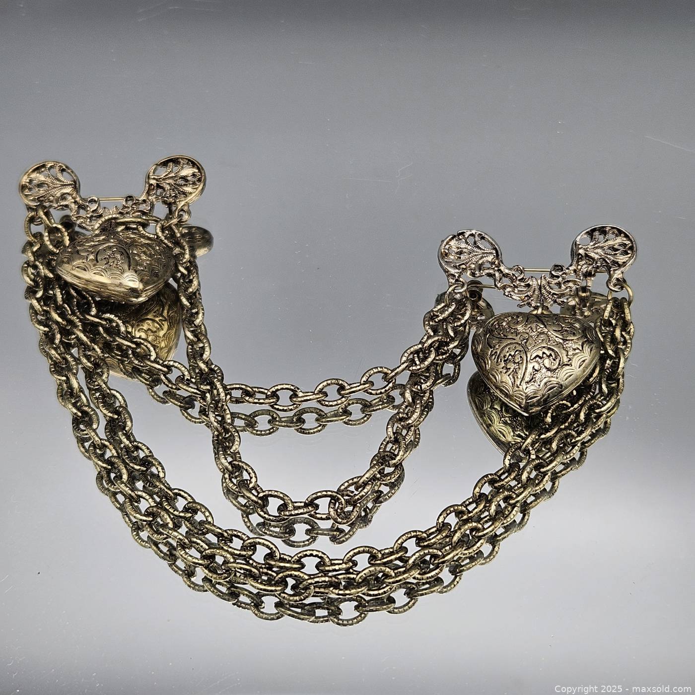Double Clip Chain Brooch Sweater Guard, Gold-Tone Filigree | Hatboro ...