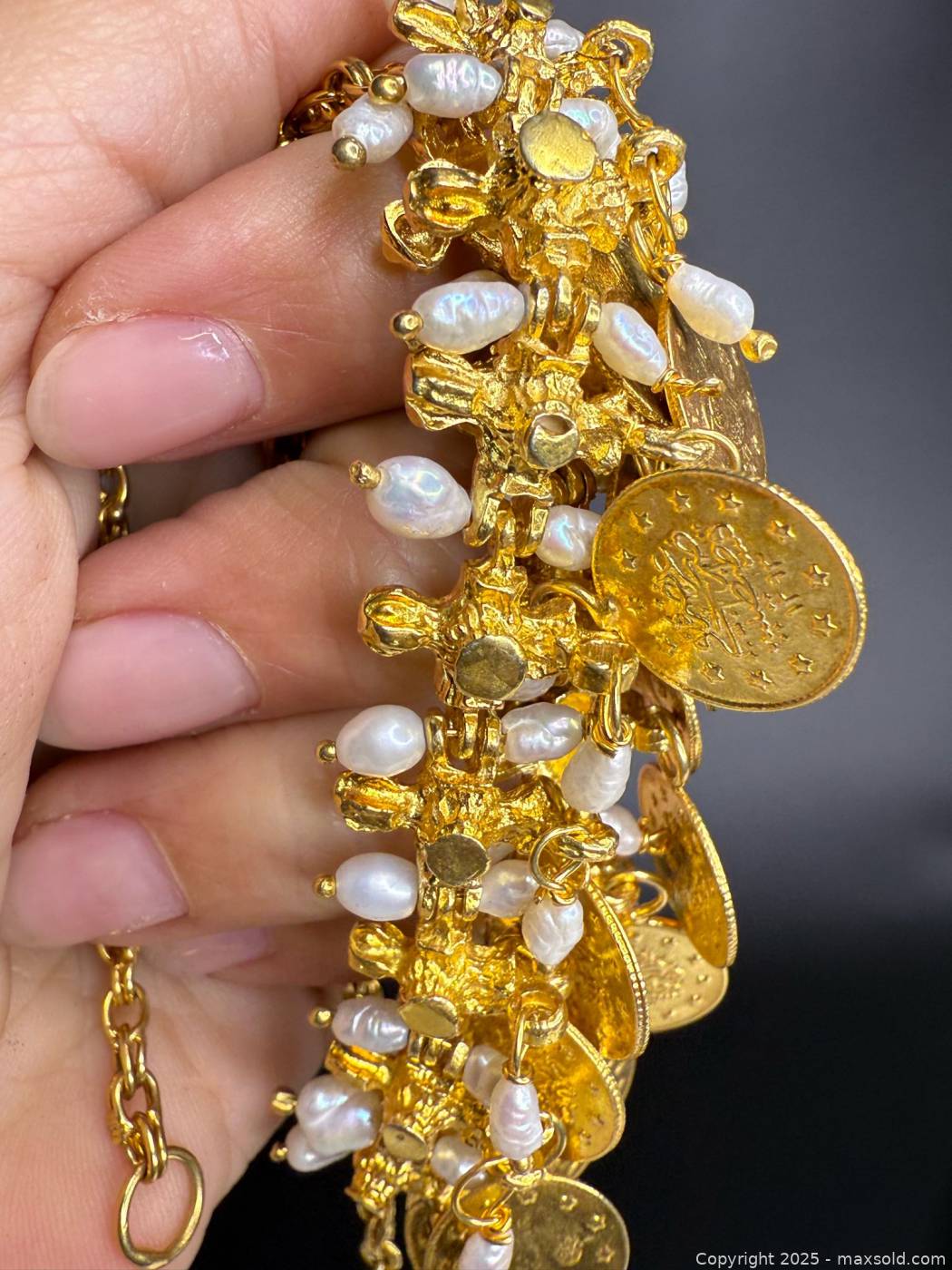 INCREDIBLE! Antique Middle Eastern Gold-Tone & Pearl Coin Necklace ...