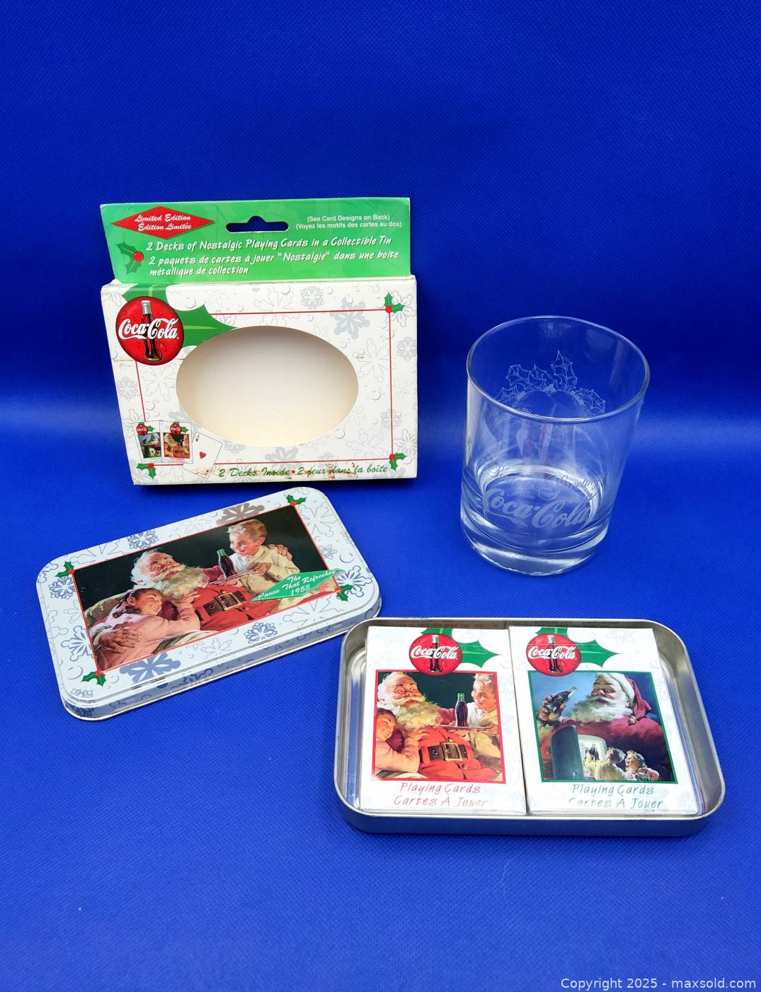 1990s Lim Ed Coca Cola 2 Deck Playing Cards Tin & Etched Glass Tumbler ...