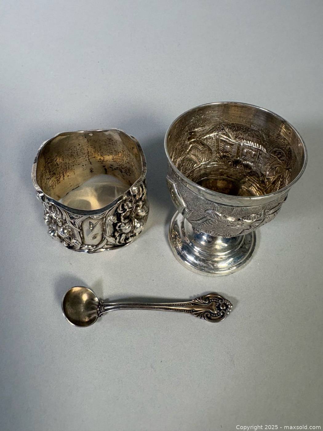 STERLING SILVER Repousse Egg Cup, Embossed Napkin Ring, Spoon - Marked ...