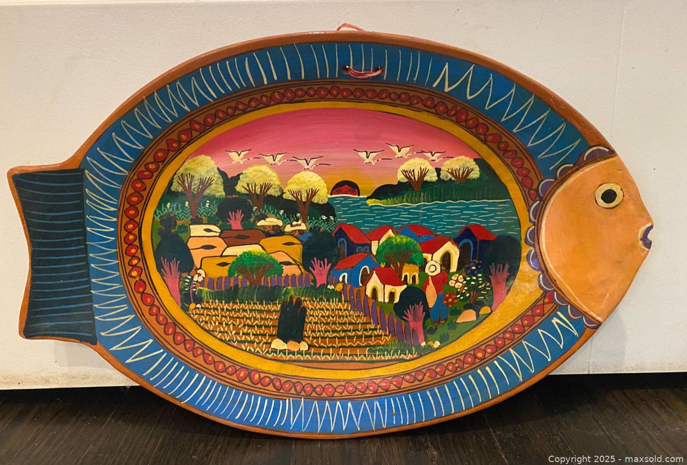 Vintage Hand Painted Mexican Folk Art Pottery Fish Plate Trivet Wall ...