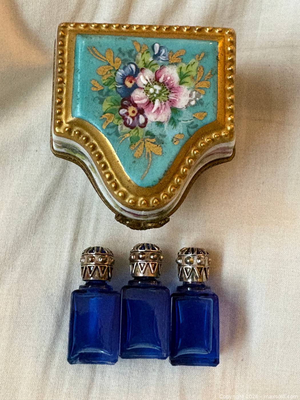 Limoges Porcelain Box with Three Cobalt Blue Perfume Bottles | Oakville ...