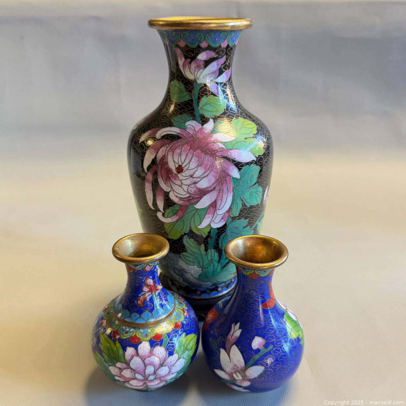 (3) Vintage Asian Cloisonné Vases ( One with base in original box ...