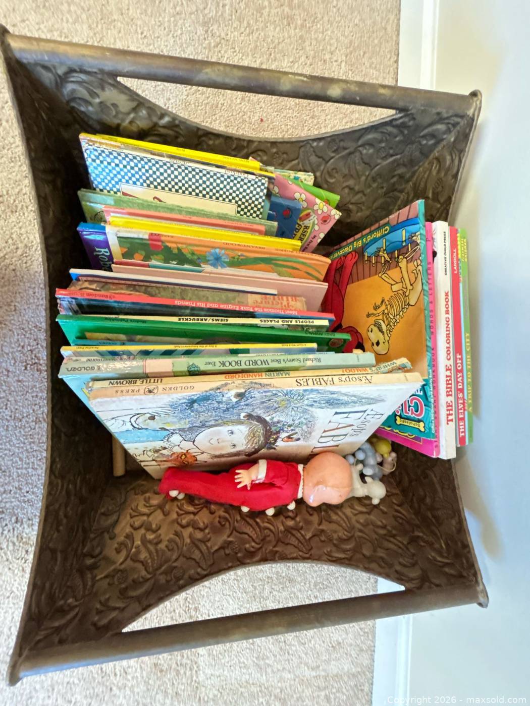 Metal Magazine/Book Holder with Lot of Children's Books & Doll | Maxsold