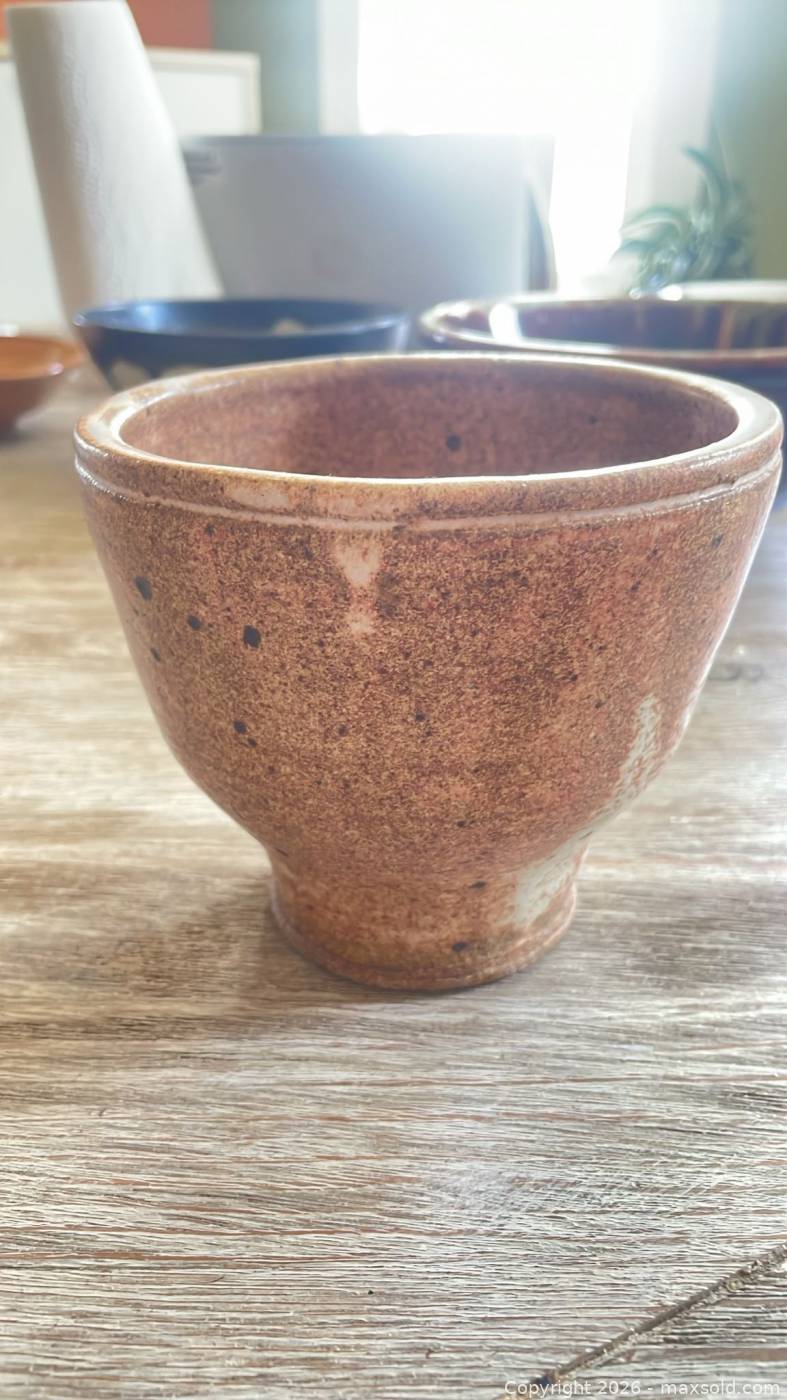 Signed RM Stoneware Ceramic Pot, Brown Speckled with White Accents ...