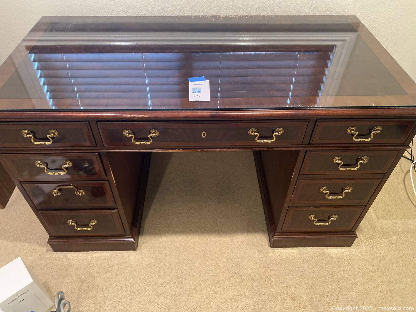 Elegant Dark Brown Wood Desk with Glass Top & 8 Drawers | San Jose ...