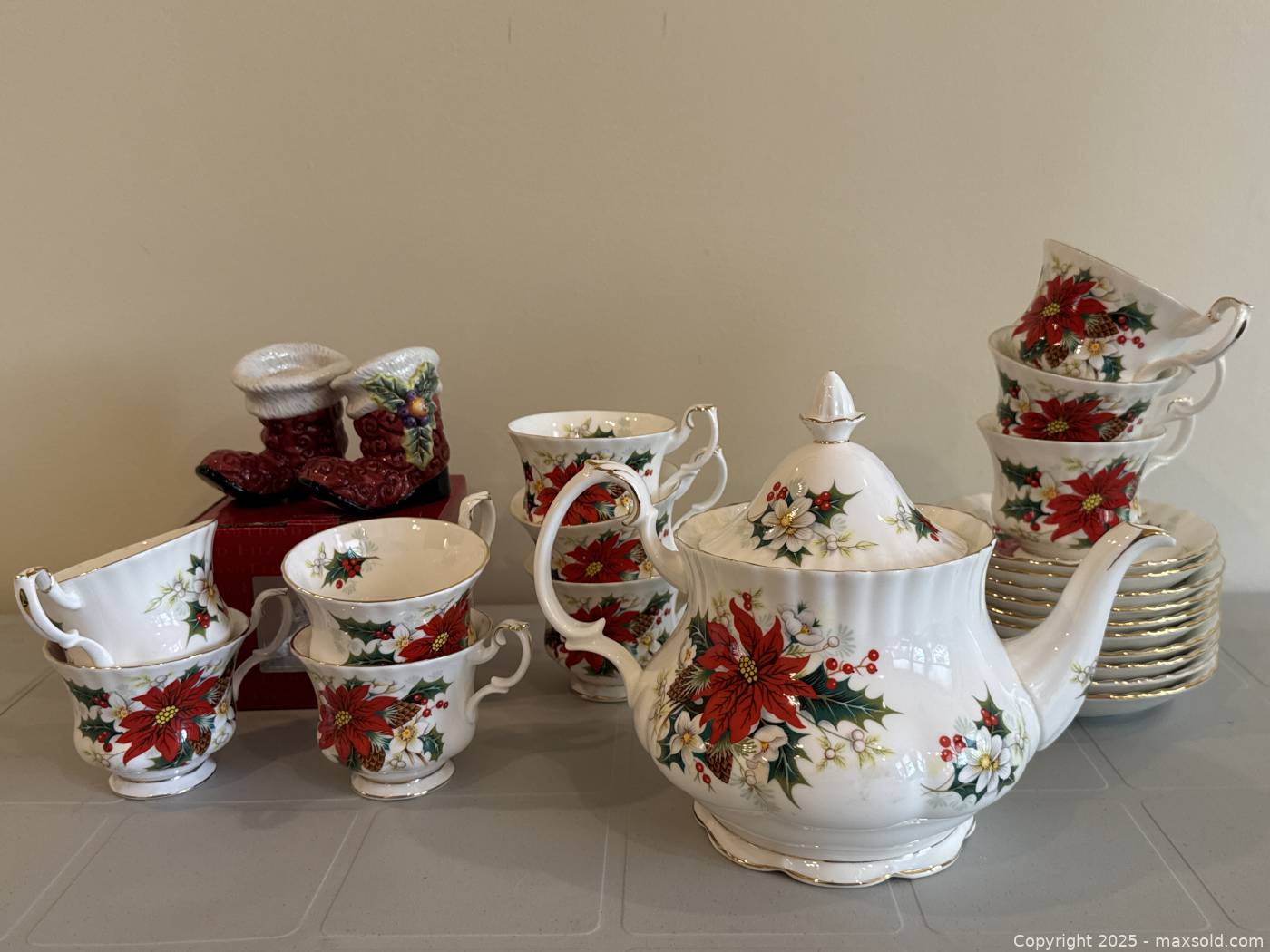 Royal Albert “Poinsettia” Holiday Tea Set with Teapot & Accessories ...
