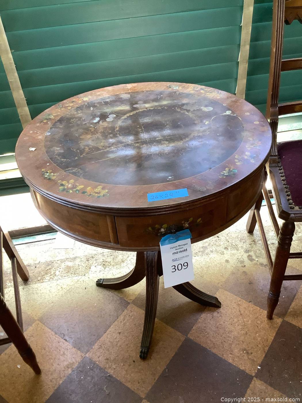 Antique Wood Round Pedestal Table with Drawer, Floral Accents | North ...
