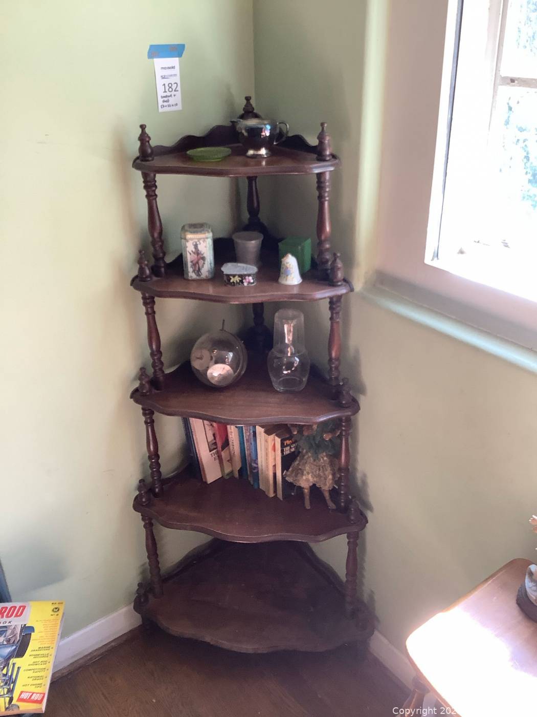 Wooden Corner Shelf with Books, Glassware, Figurines & Collectibles ...