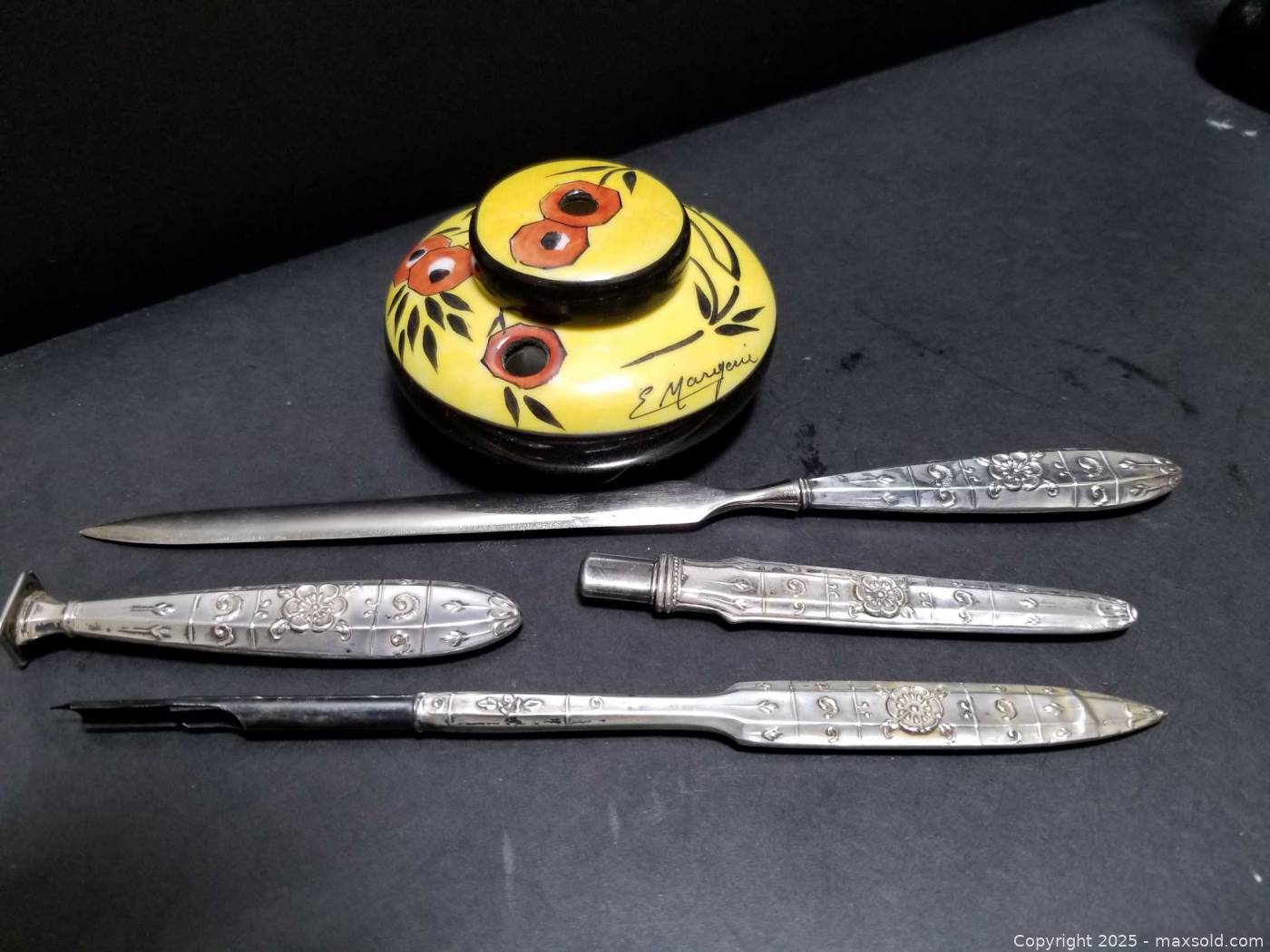 Antique French Inkwell & Embossed Silver Plate Desk Set | Aurora ...