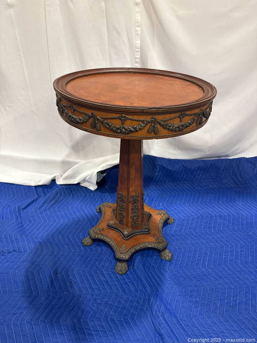Antique Round Wood Accent Table with Metal Accents | Milford (Massachusetts, USA) SELLER MANAGED ...