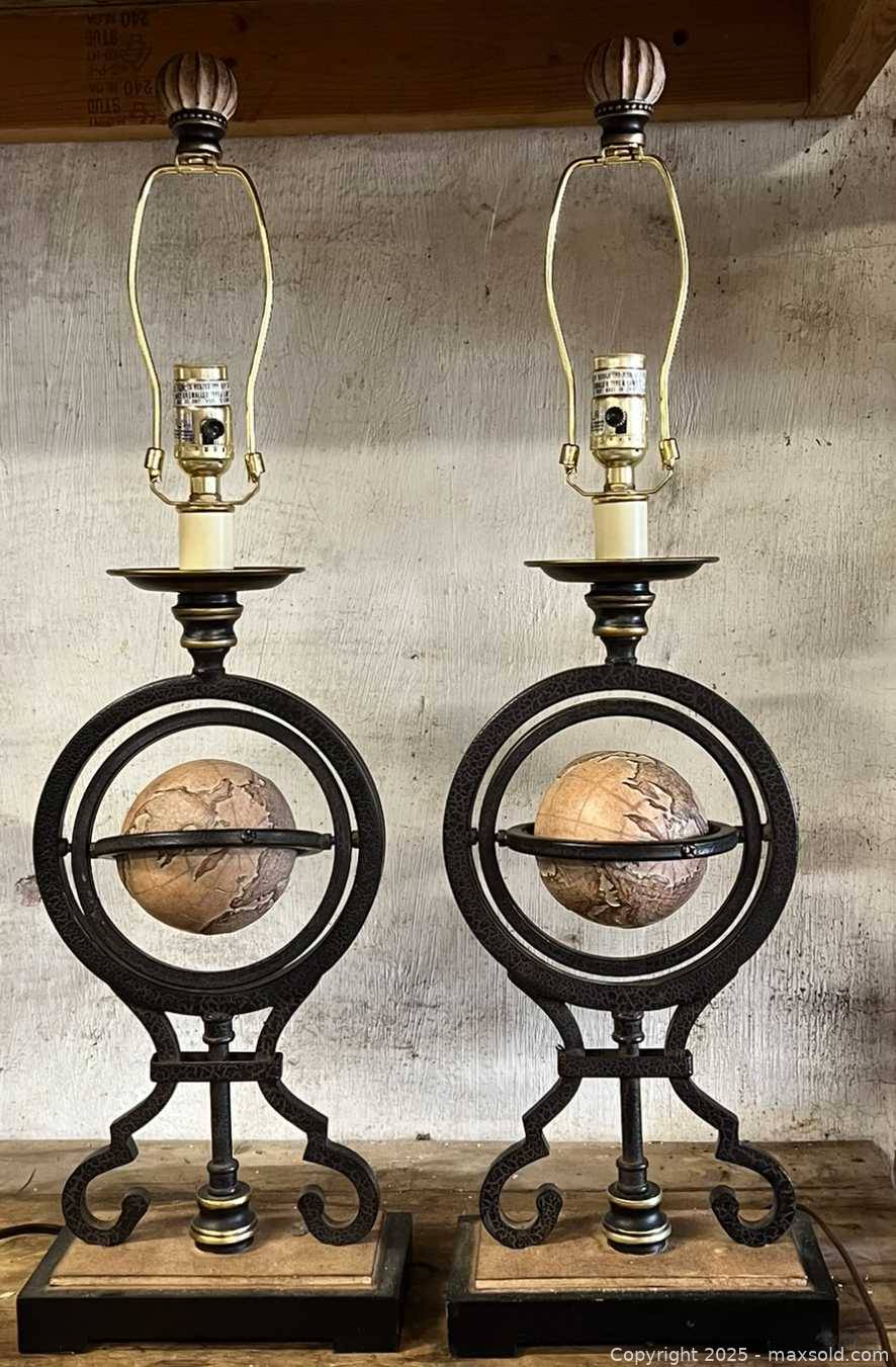 A Pair of World Globe inside Rotating Spheres Cast Iron Table Lamp ...