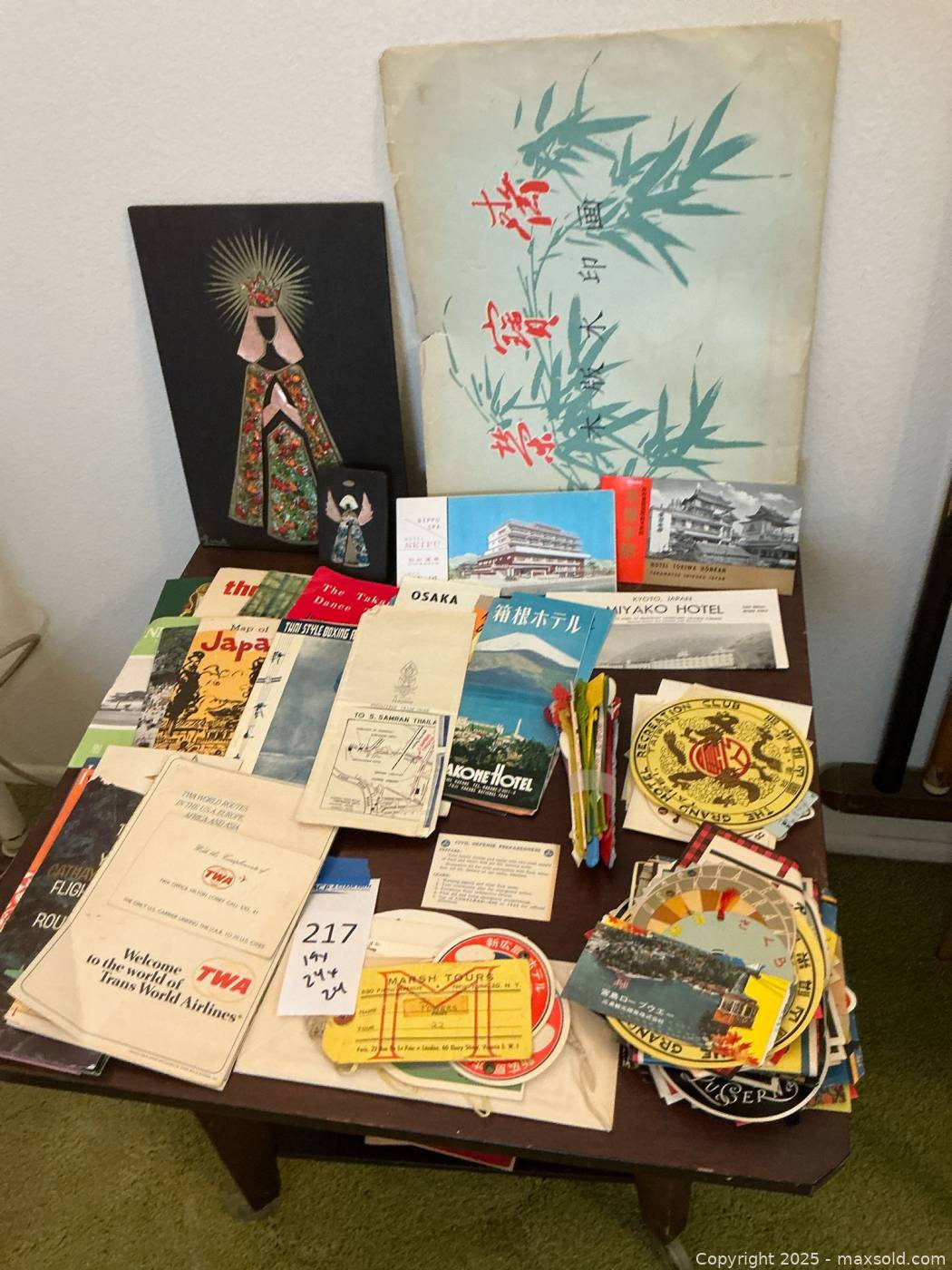 End table, collectible stickers, and pamphlets, art | Lake Forest ...