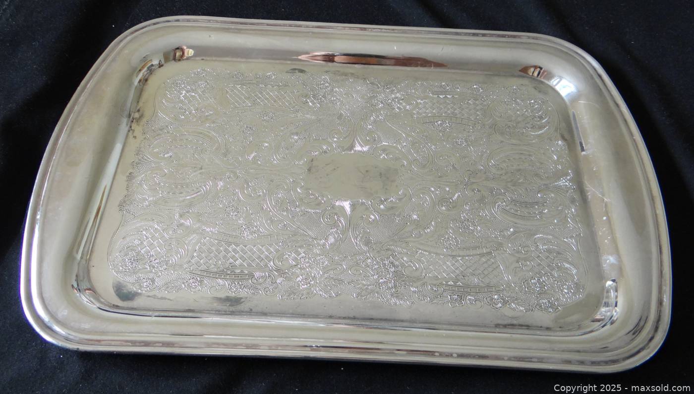 Rectangular silver-plated tray with beautiful engraved pattern ...